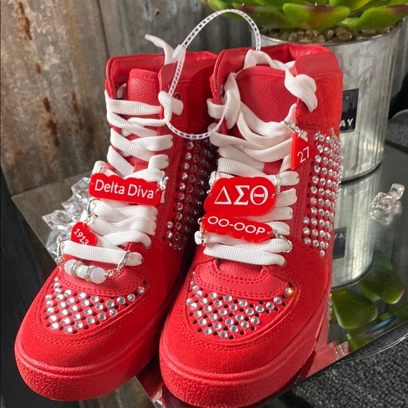 Shoes | Delta Sigma Theta Red Studded Hightop Sneakers With Custom ...